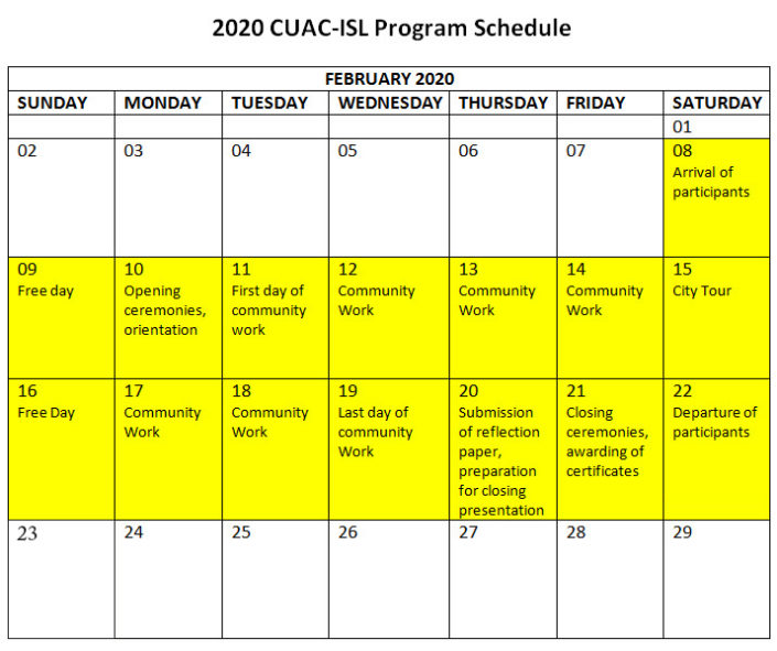 CUAC - ISL Schedule of Activities 2020 -TUA